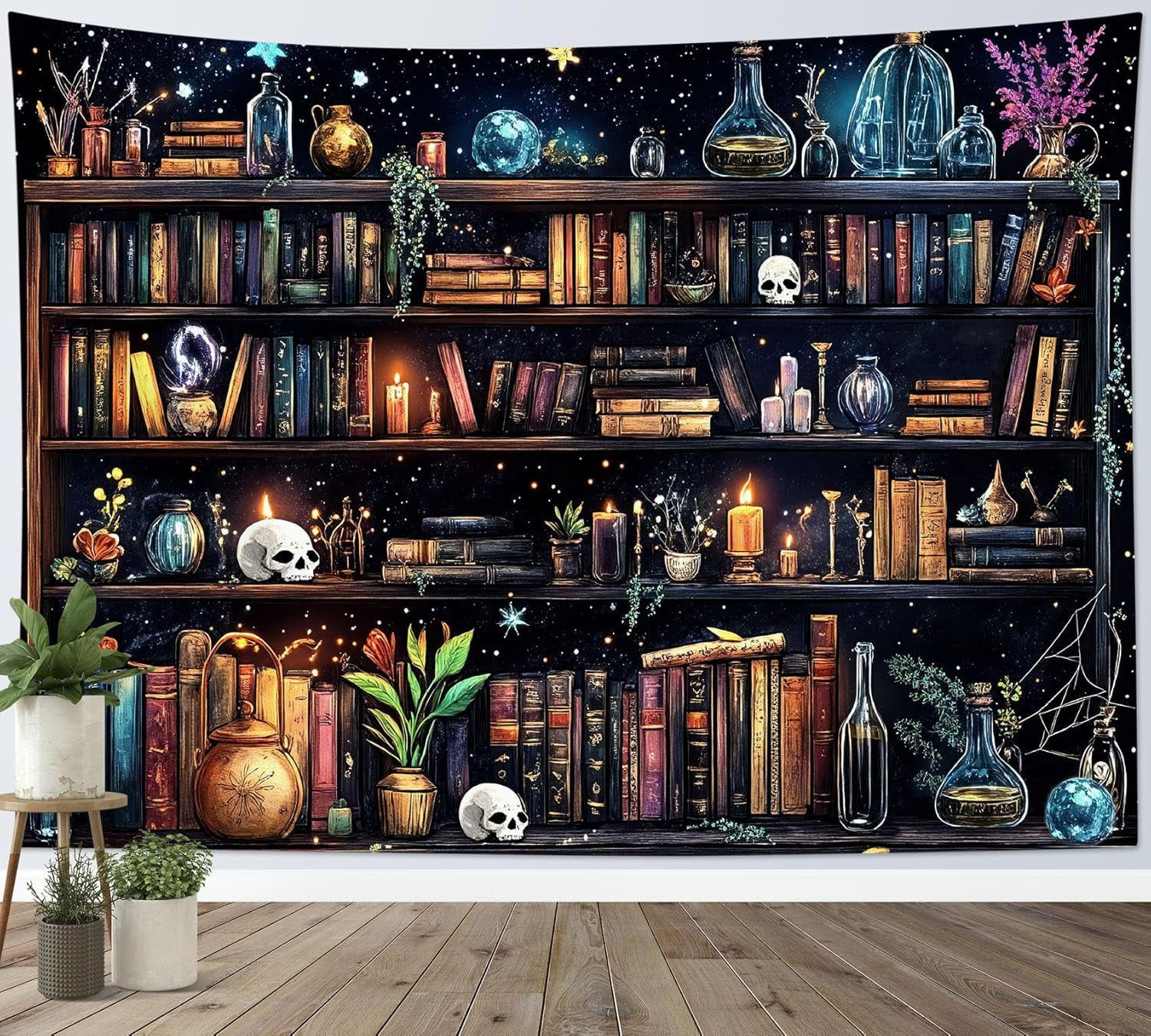 Magic Bookshelf Tapestry Wall Hanging Vintage Bookshelf With Plant And ...