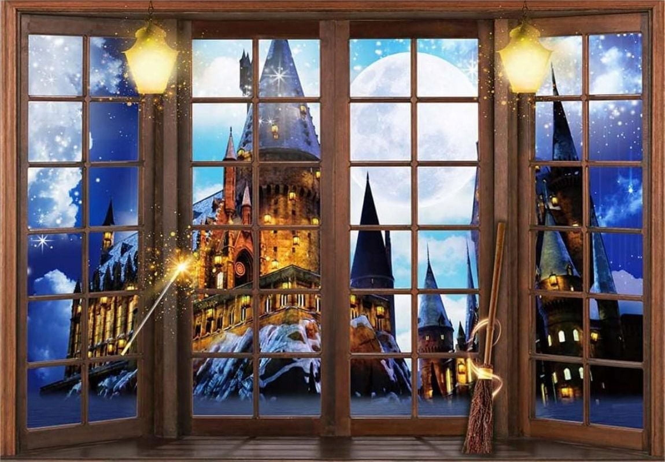 Magic Castle School Backdrop Window Night Full Moon Stars Glitter ...