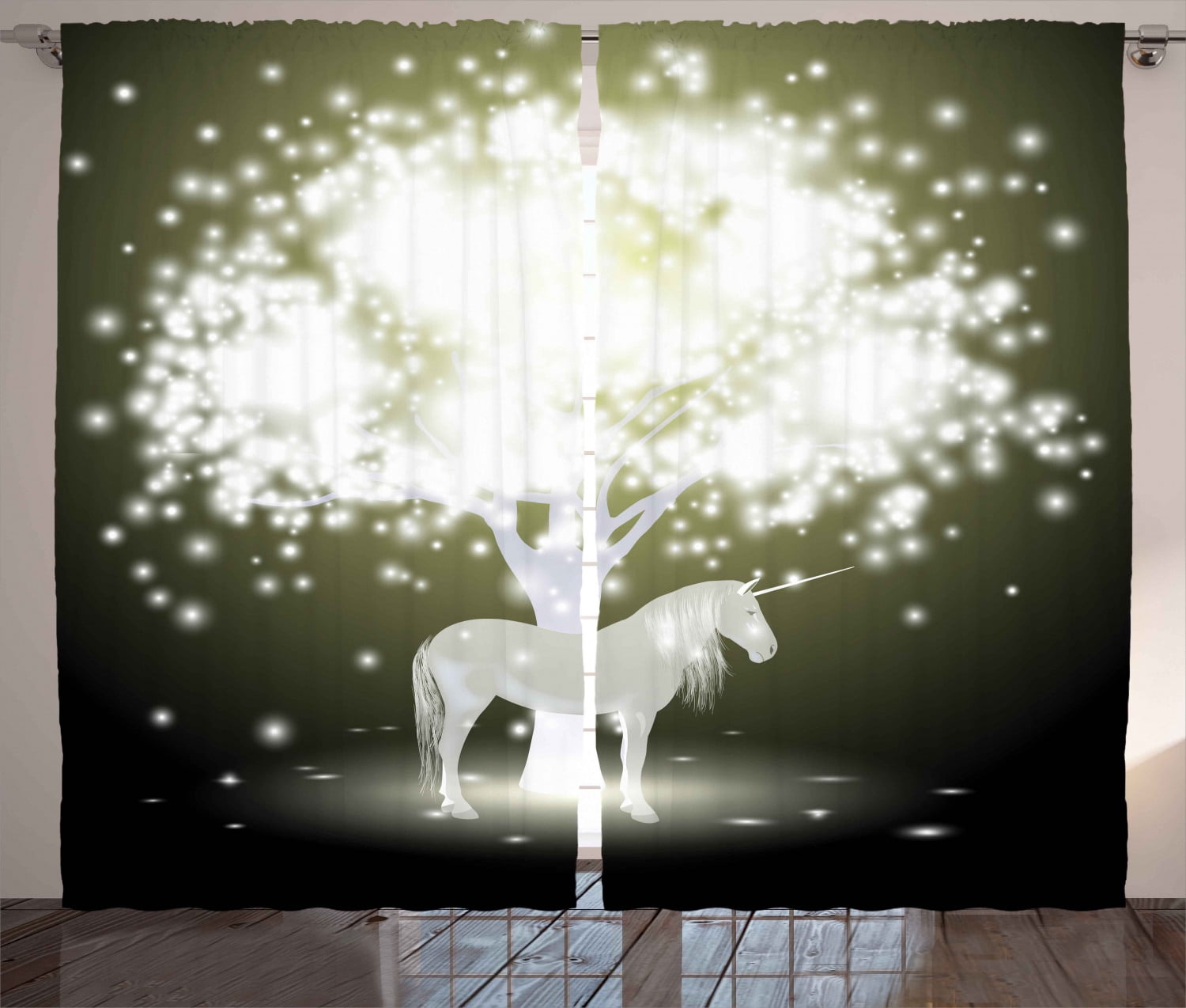 Ambesonne Magic Curtains 2 Panel Set, Unicorn Horse with Tree, 108" x ...