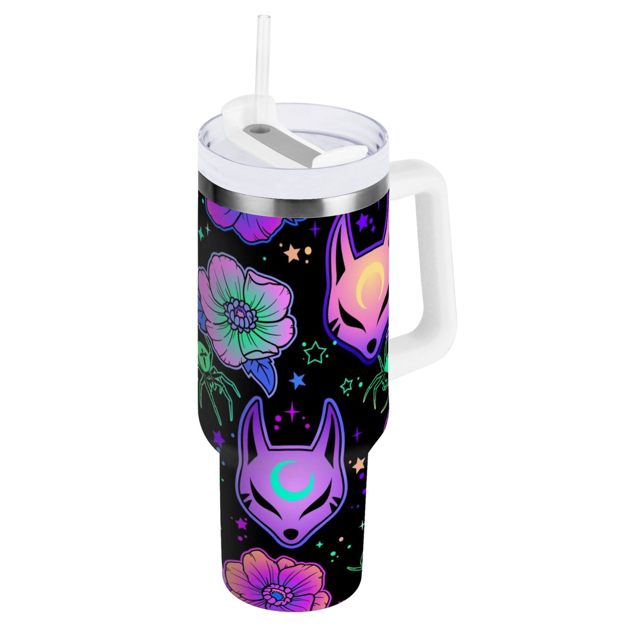Magic Devils and Flowers Tumbler with Handle and Straw Insulated Travel ...