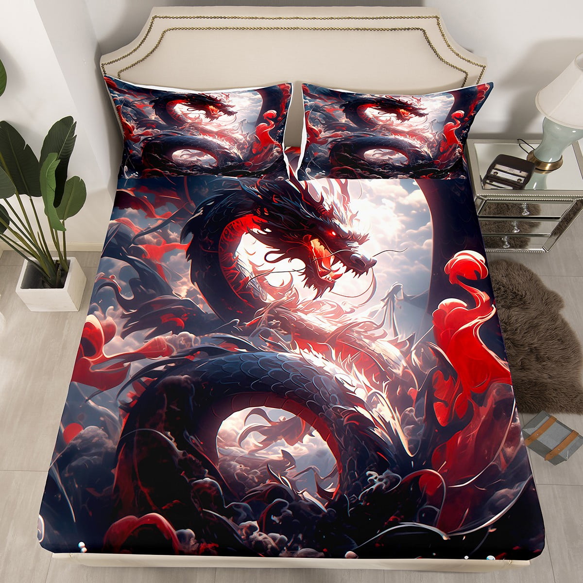 Magic Dragon Bed Sheets Black and Red Dragon Fitted Sheet Twin Size ...