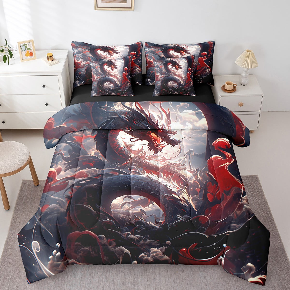 Magic Dragon Bedding Comforter Sets 7-Piece Black and Red Dragon Bed in ...