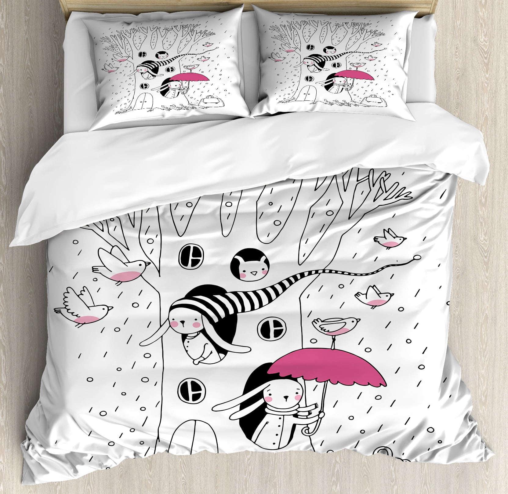 Magic Duvet Cover Set, Minimalist Habitat Drawing with Rabbits Tree ...