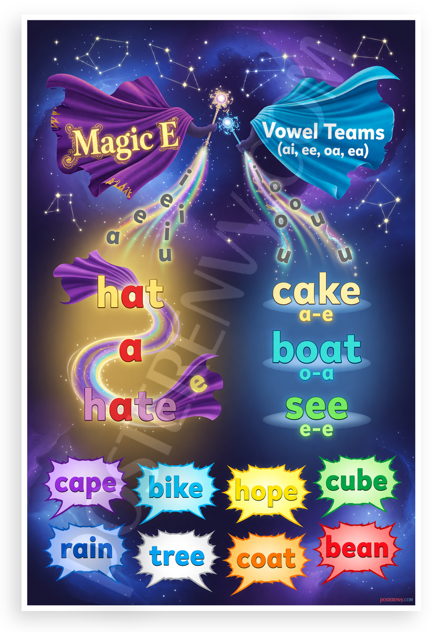 Magic E Vowel Teams Educational Poster 12x18 US Made Poster - Walmart.com