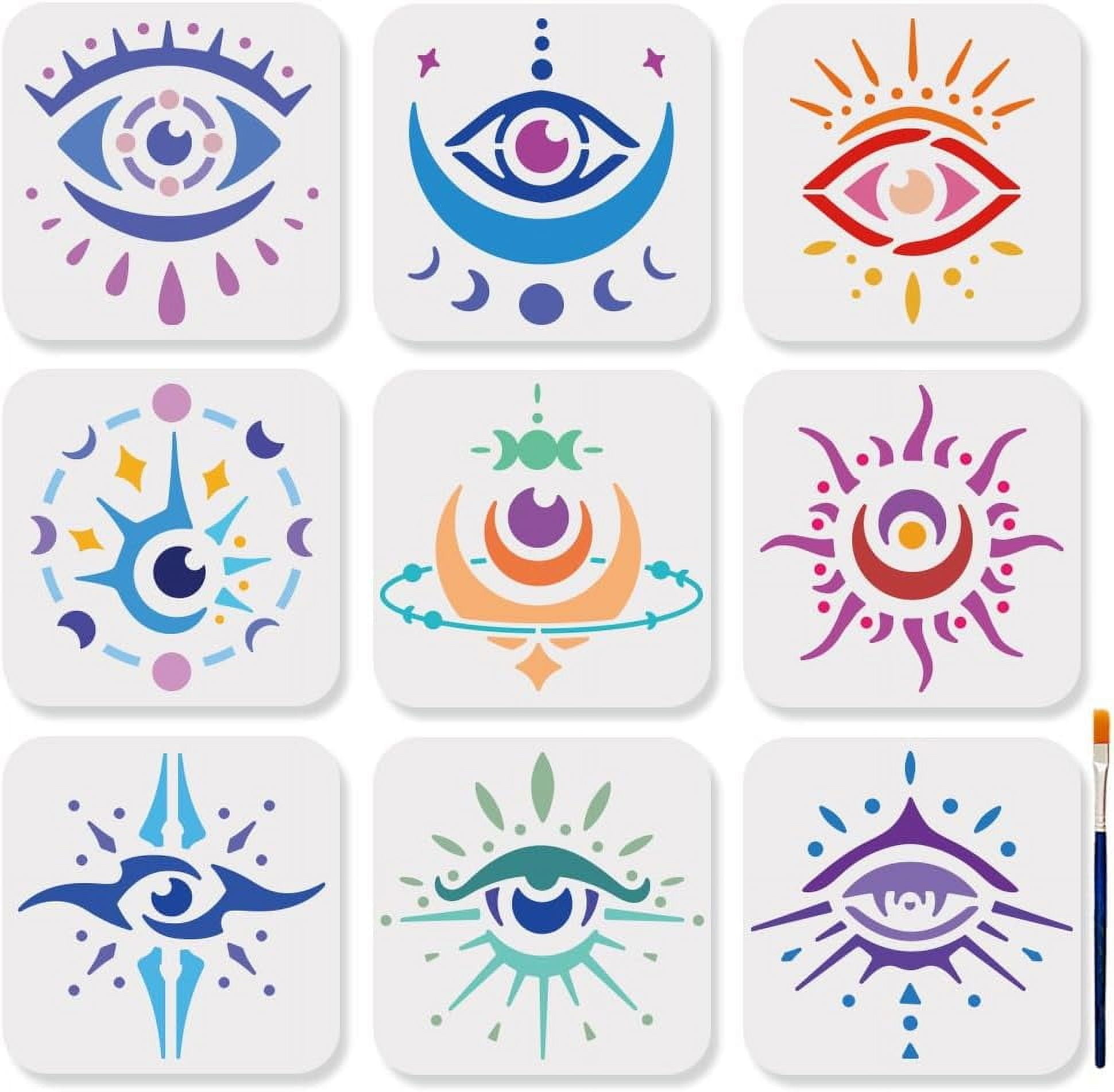 Magic Evil Eyes Stencils 6x6 inch 9 Pieces with Paint Brush Moon Phases ...