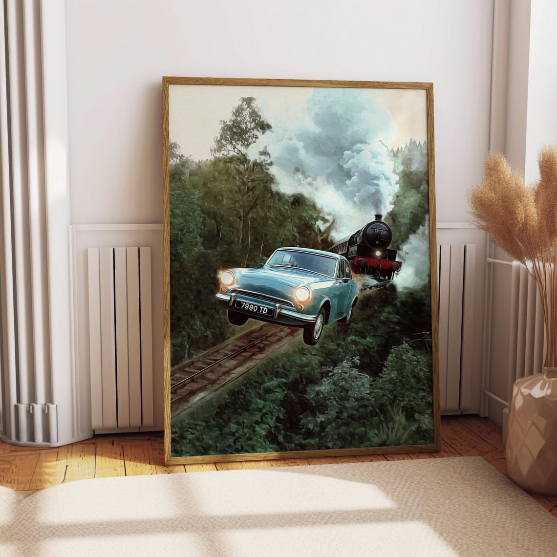 Magic Flying Car Matte Paper Poster, Blue Ford Anglia Painting, Magical ...