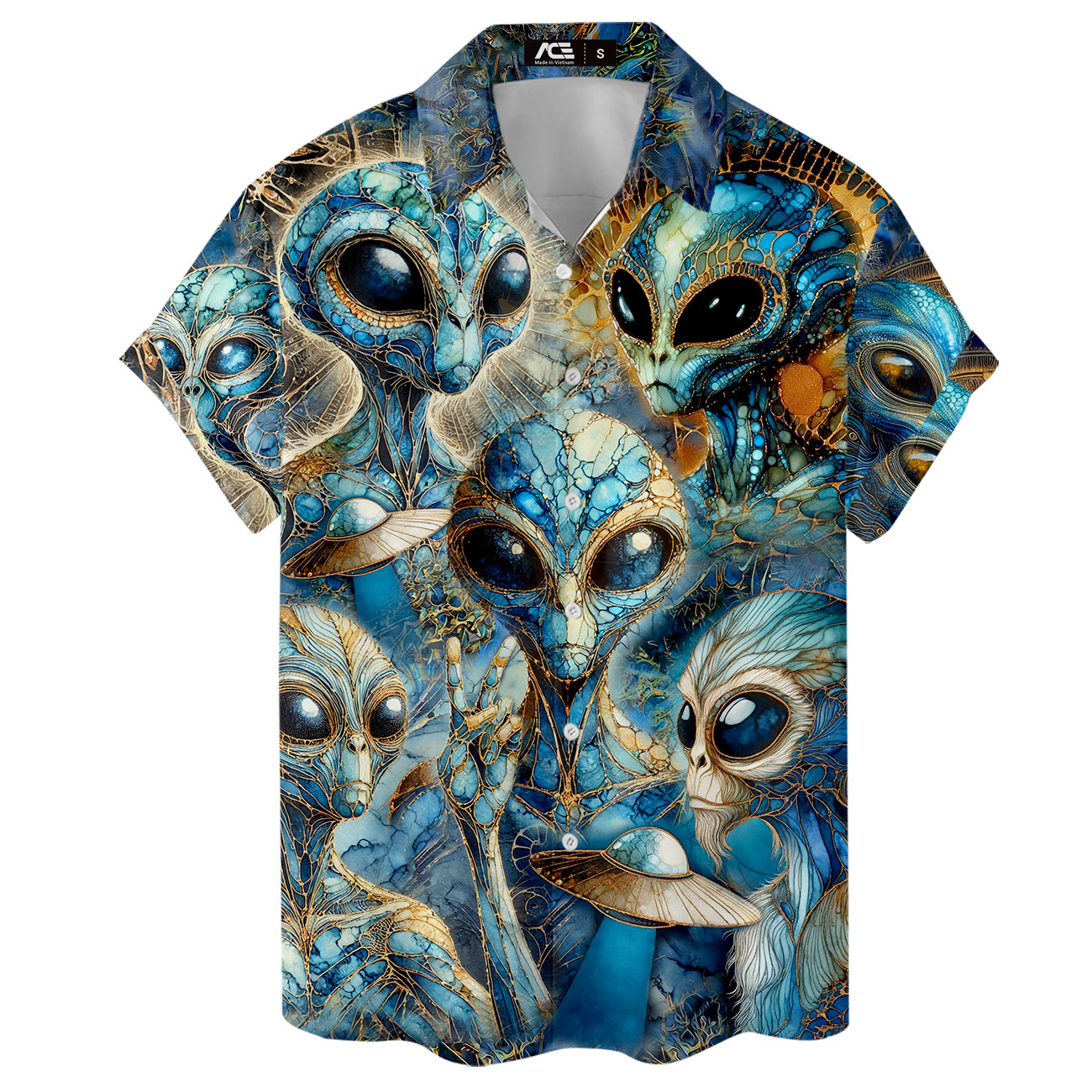 Magic Golden Art Alien Hawaiian Shirt For Men Vintage Aliens Mens ...