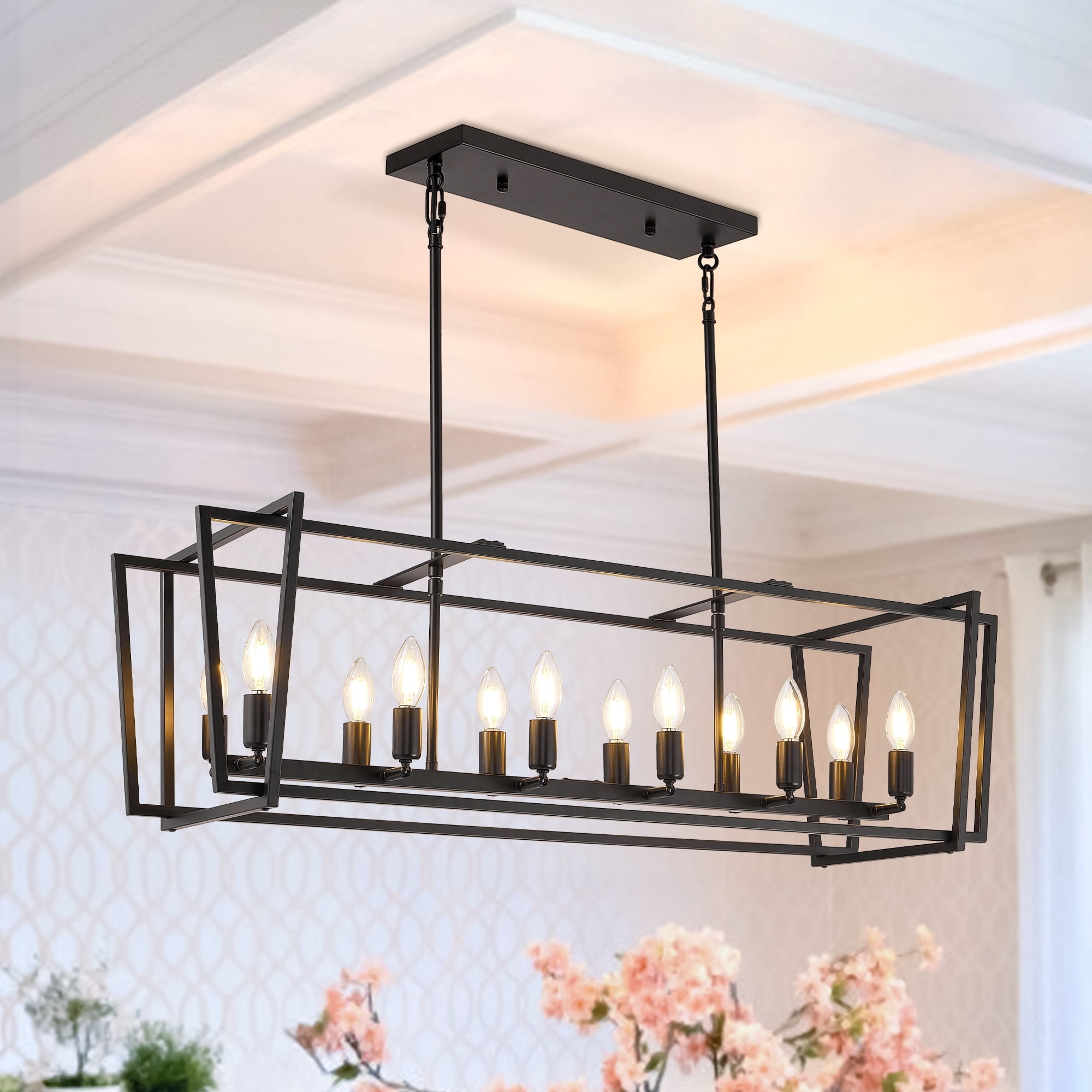 Magic Home 39-Inch Modern Rectangle Chandelier, 12-Light Farmhouse ...