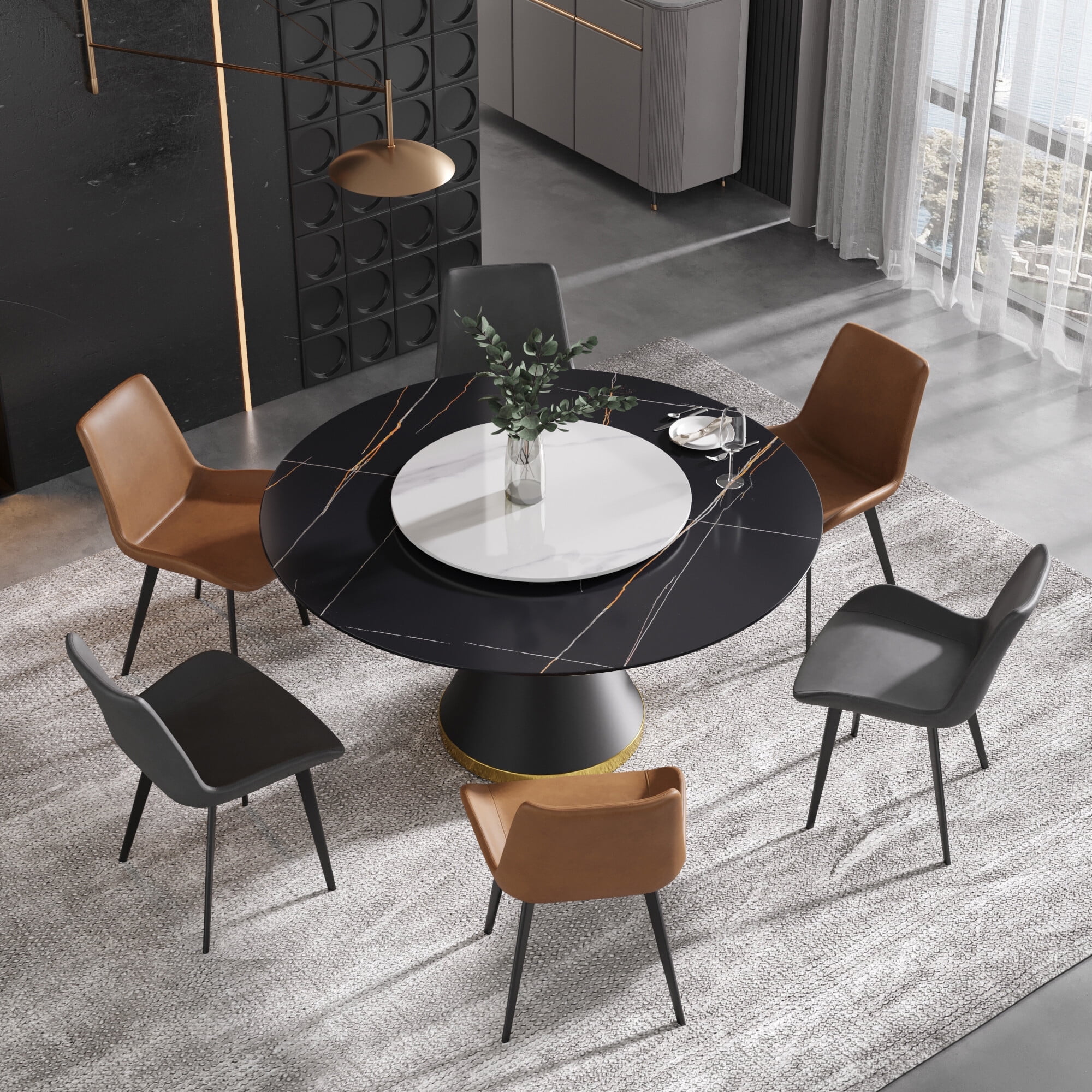 Magic Home 53.15” Black Sintered Stone Round Dining Table with 23.62 ...