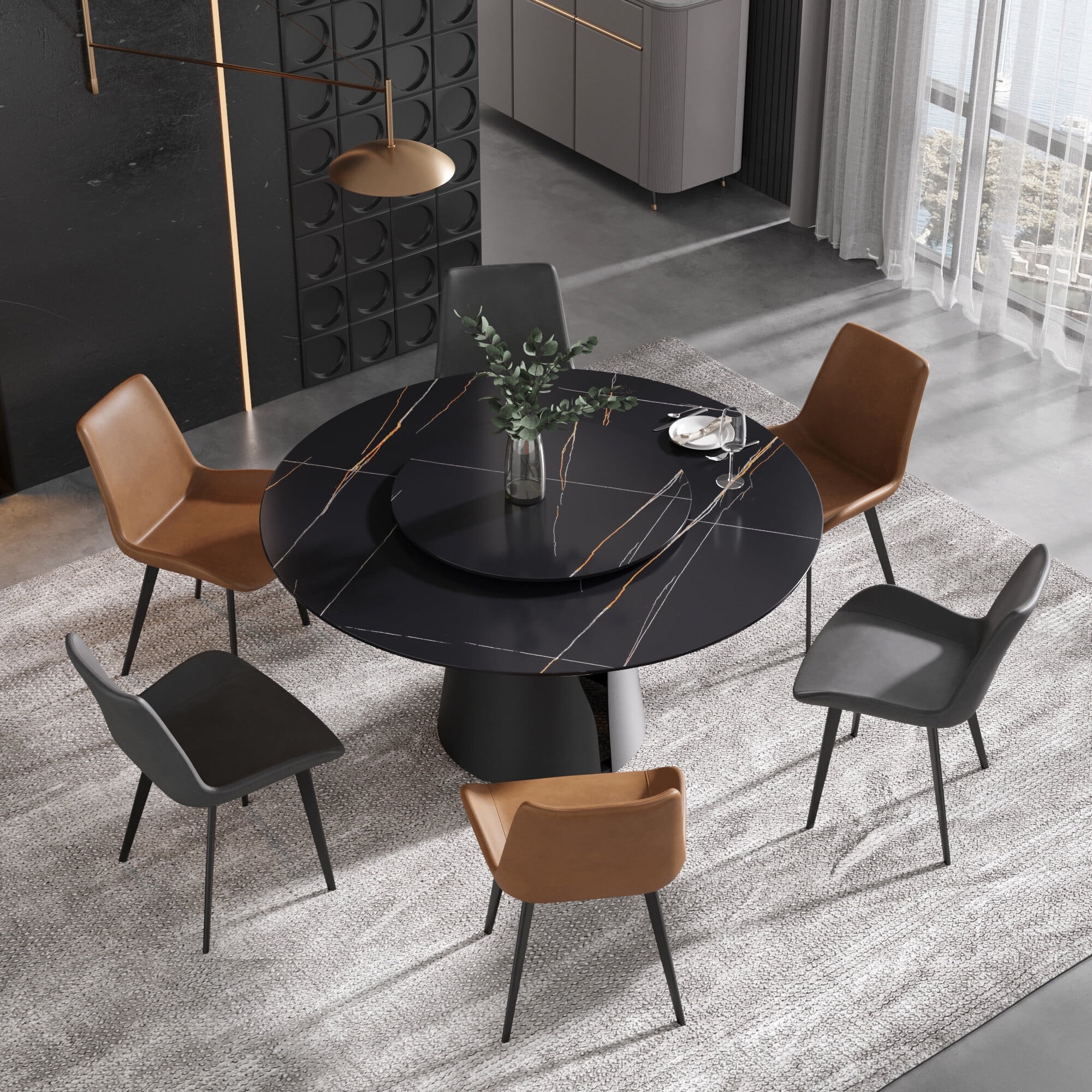 Magic Home 59” Black Sintered Stone Round Dining Table with 31.5” Black ...