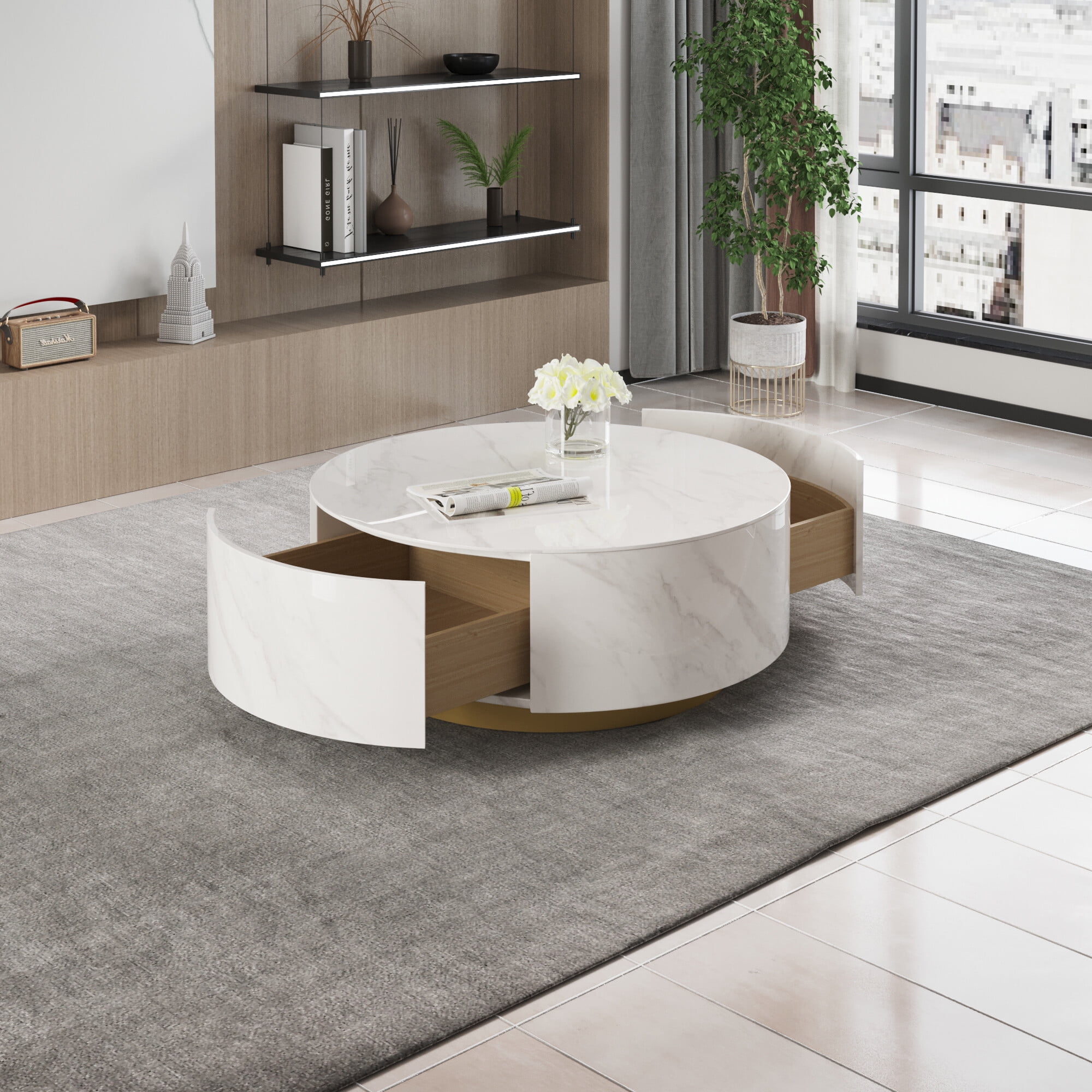 Magic Home Modern Round Table with Drawers, Multipurpose, Space-Saving ...