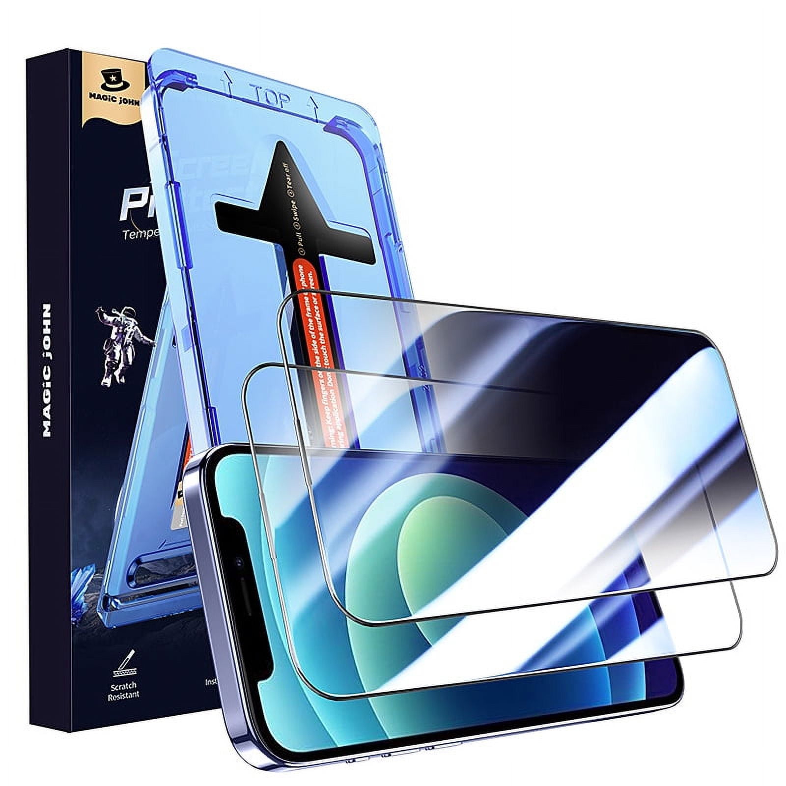 Magic John 2 Pack iPhone 12/12 Pro 6.1in Privacy Screen Protector, Tempered Glass, Easy Install ...