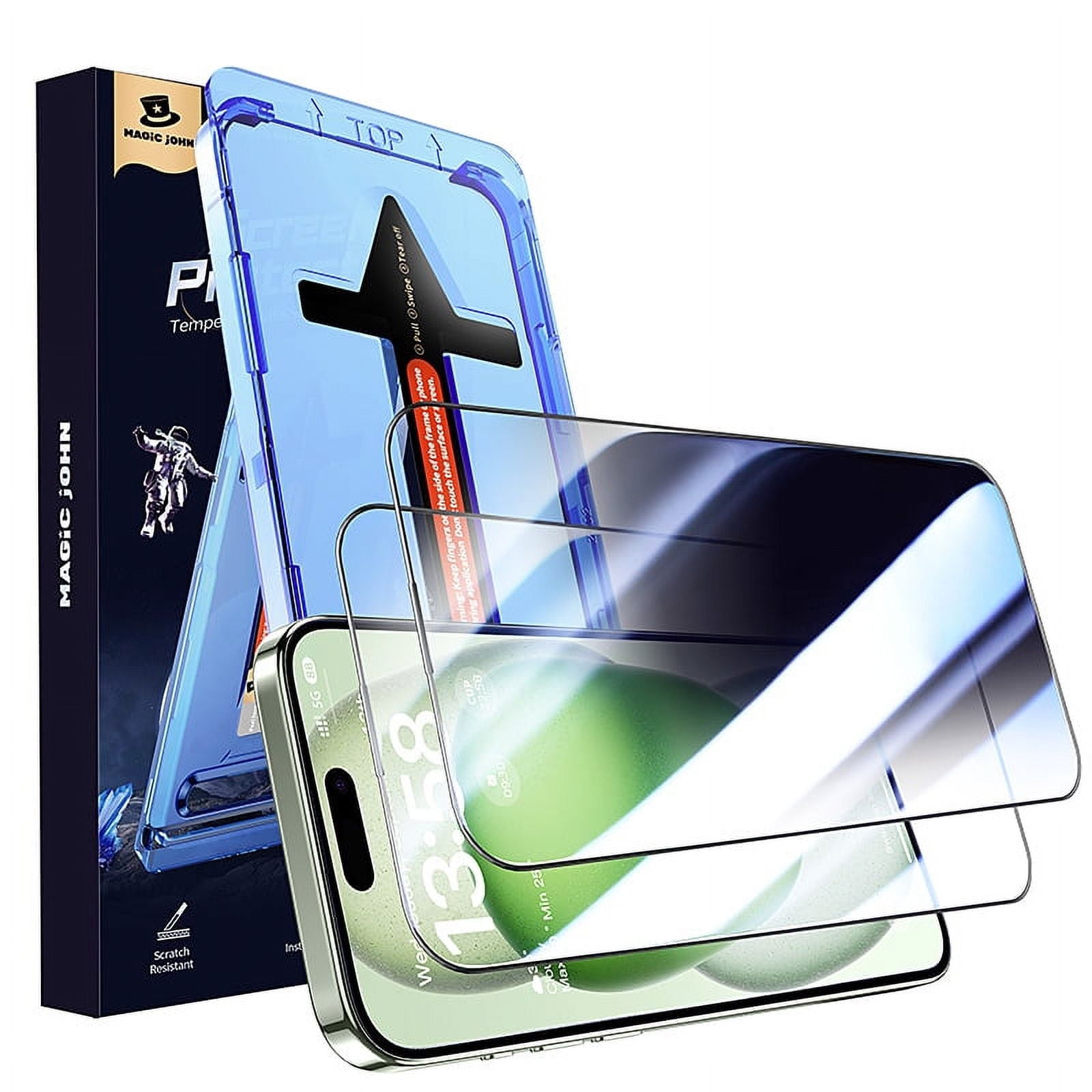 Magic John 2 Pack Privacy Screen Protector for iPhone 15 Plus 6.7in Tempered Glass Easy ...