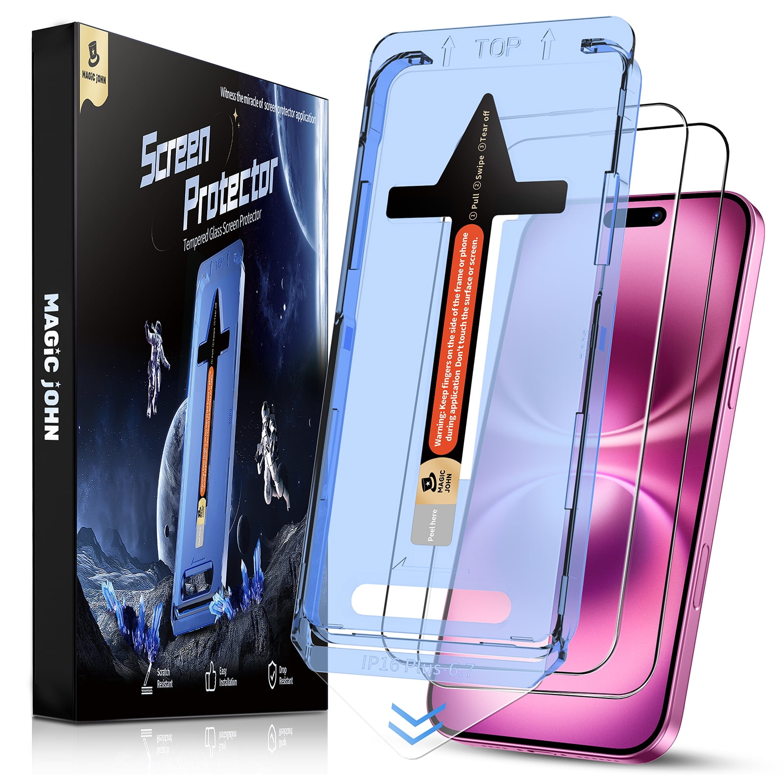 Magic John 2 Pack Screen Protector for iPhone 16 Plus Corning Tempered Glass Ease of Use ...