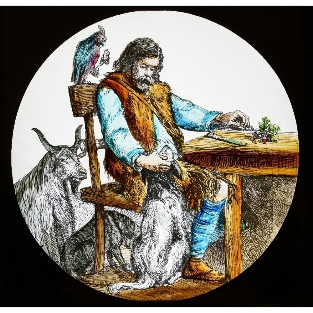 Magic Lantern slide circa 1900 hand coloured. Robinson Crusoe with his ...