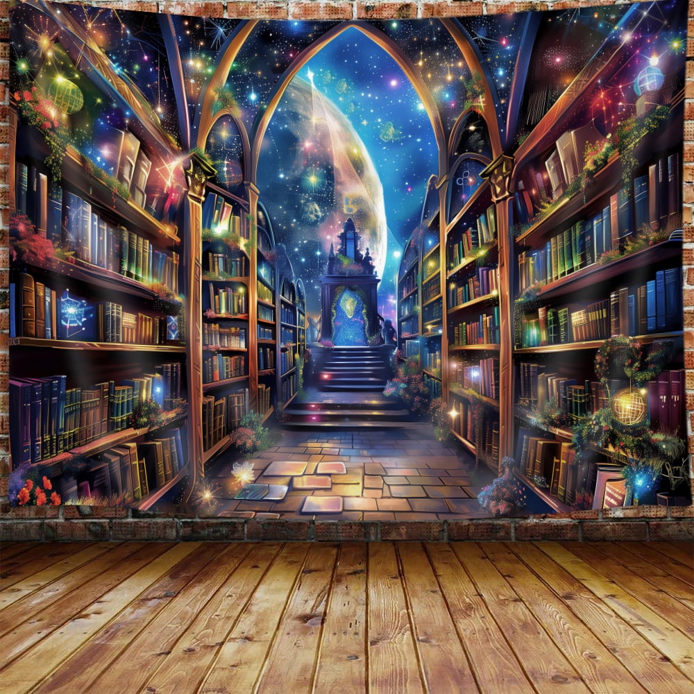 Magic Library Fantasy Space Tapestry, Cool Vintage Bookshelf Galaxy ...