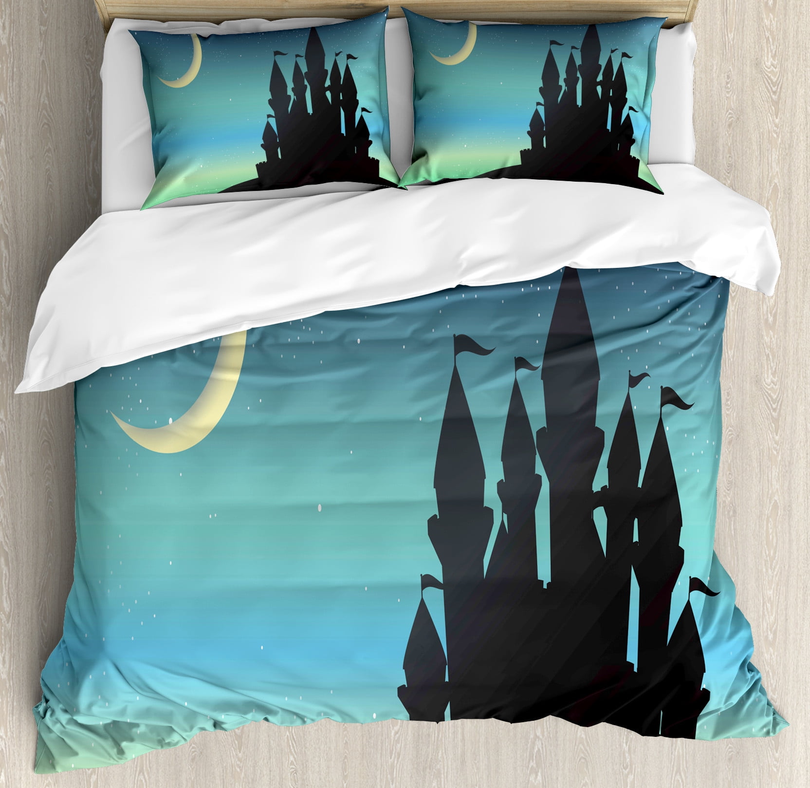 Magic Moon Duvet Cover Set, Crescent over Castle Gradient Night Sky ...