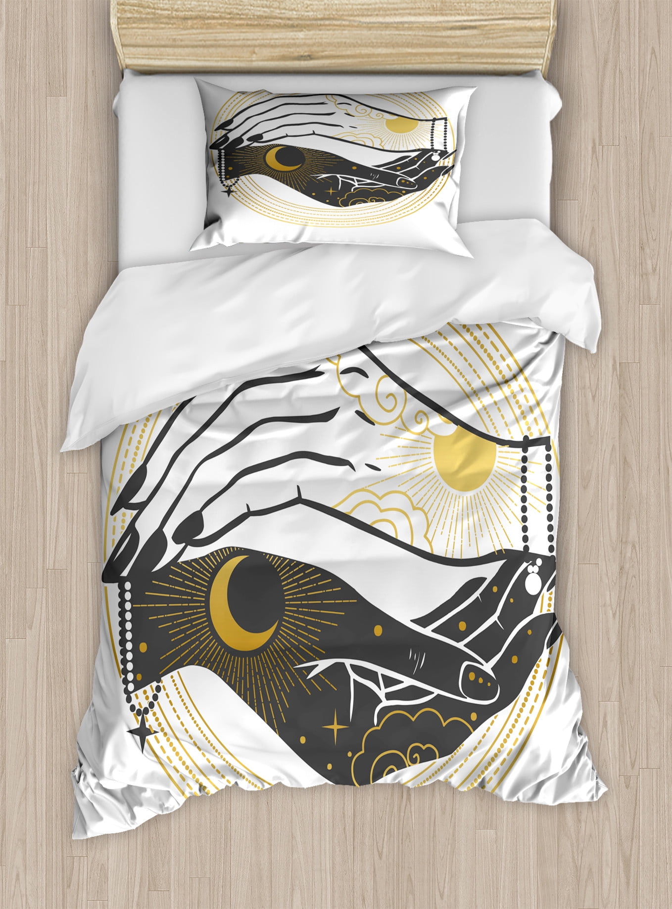 Magic Moon Duvet Cover Set, Occult Moon and Sun Karma Hands in Dotted ...