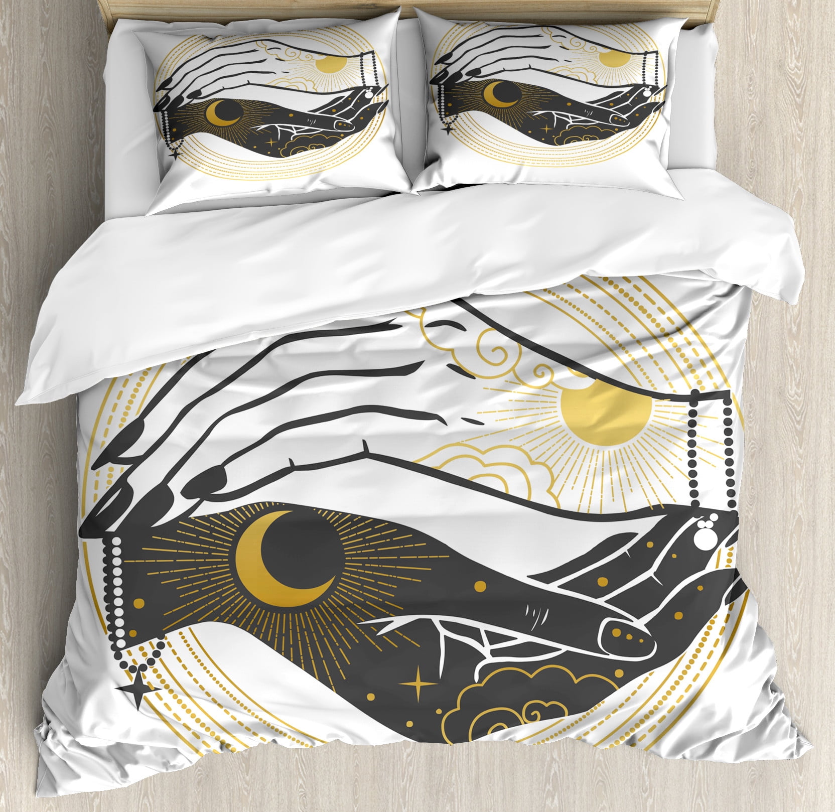 Magic Moon Duvet Cover Set, Occult Moon and Sun Karma Hands in Dotted ...