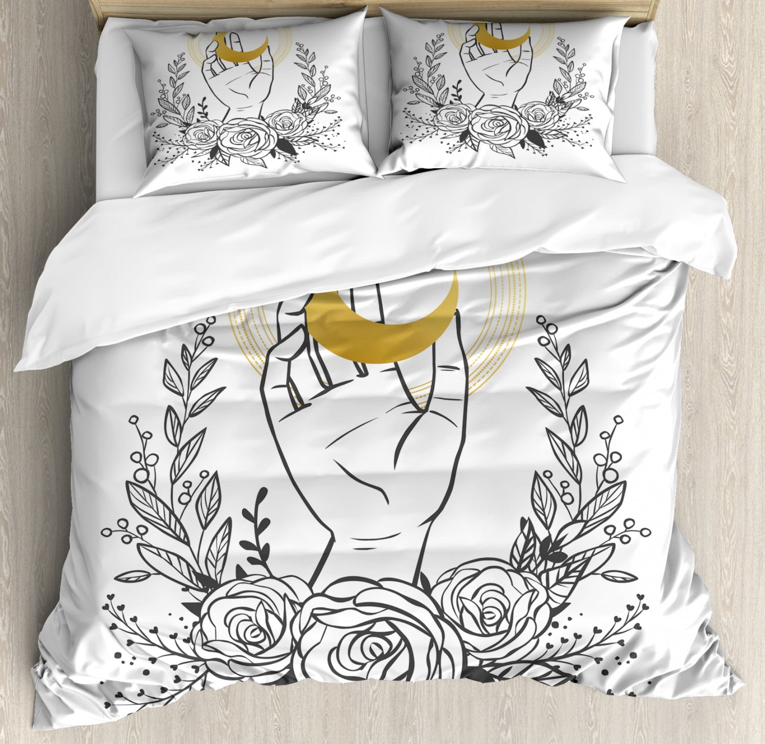 Magic Moon Duvet Cover Set Queen Size, Crescent in Hands Raising over ...