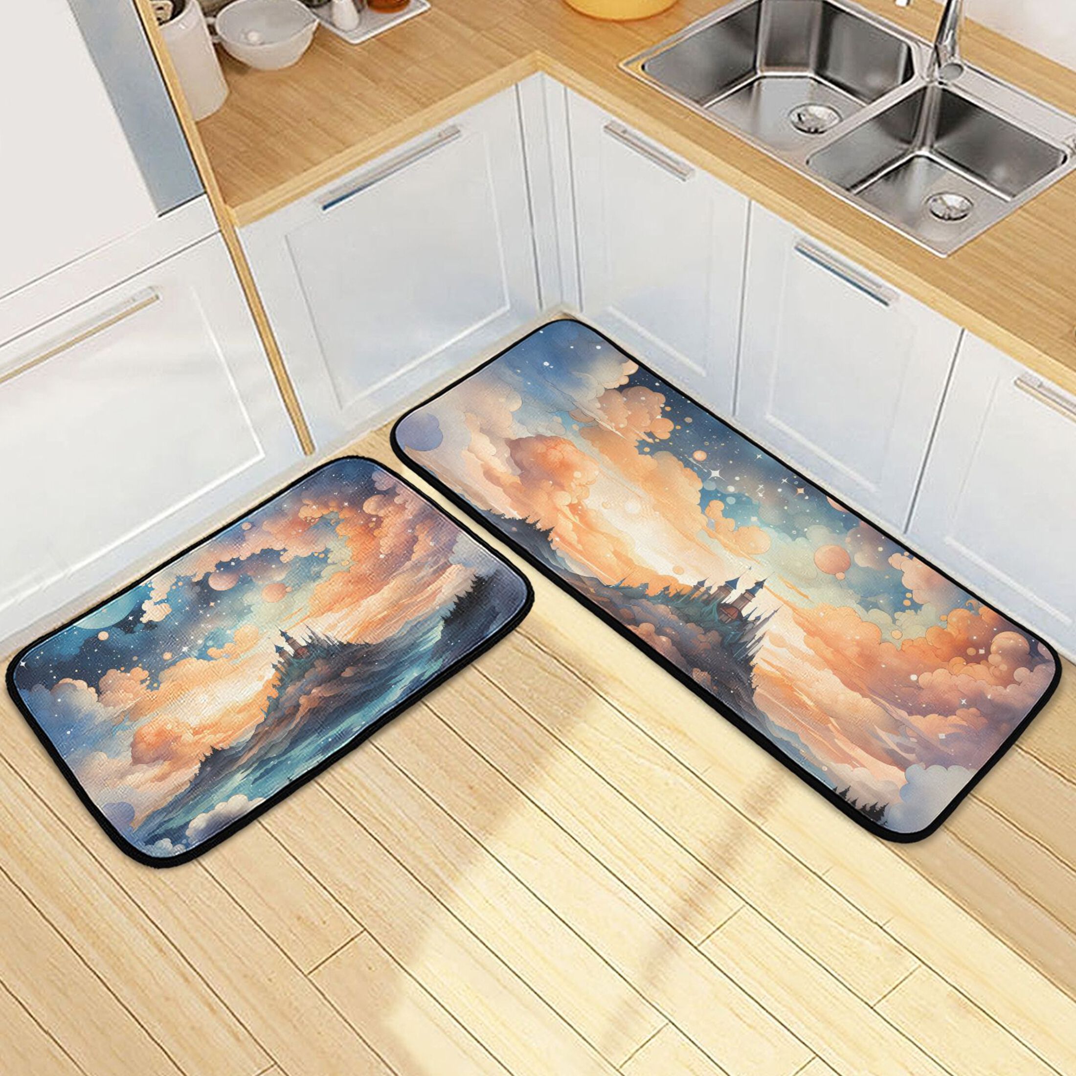Magic Moon and Clouds Kitchen Mats Set 2 Piece Non Slip Floor Foam Rugs ...