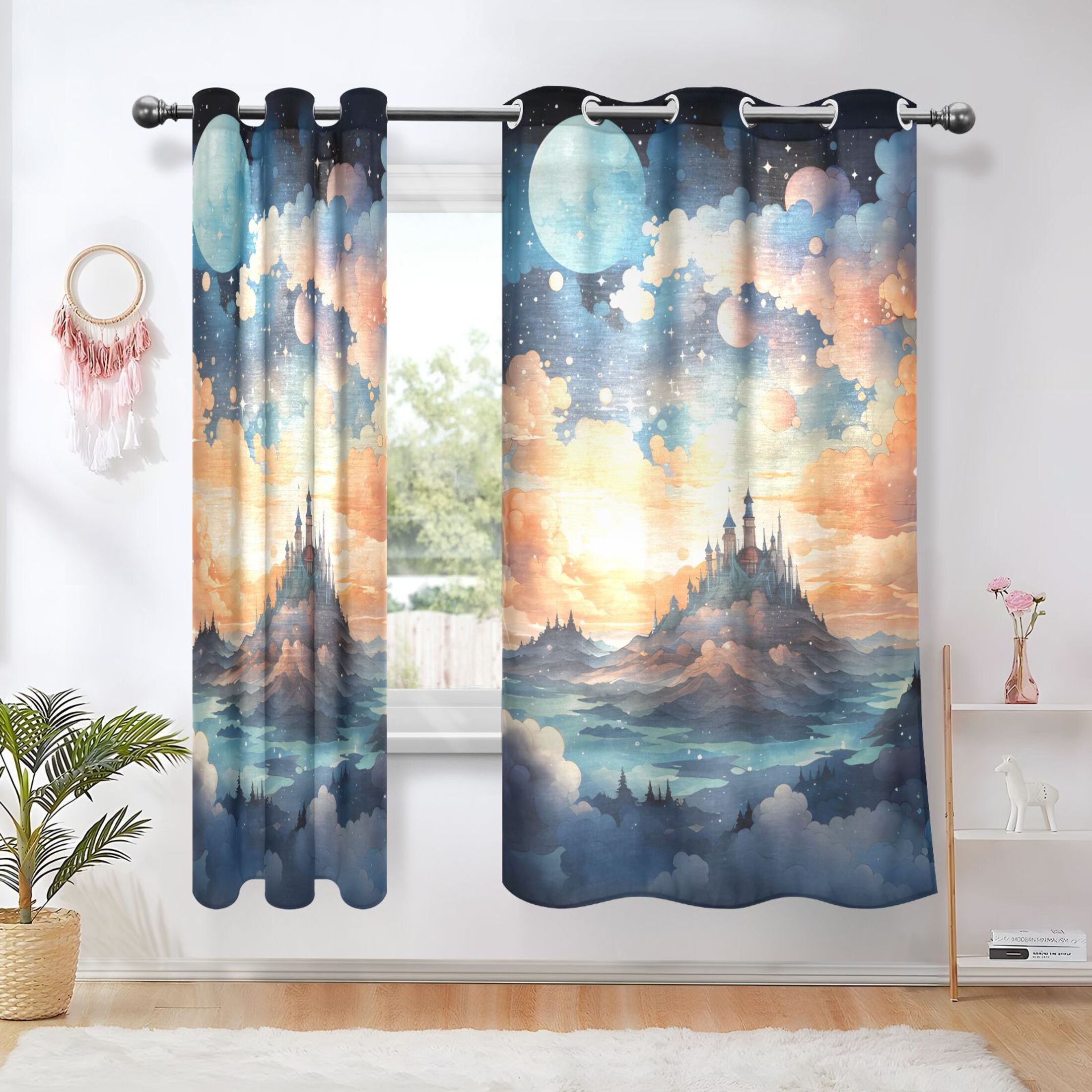 Magic Moon and Clouds Semi Sheer Curtains 2 Panels Faux Linen Voile ...
