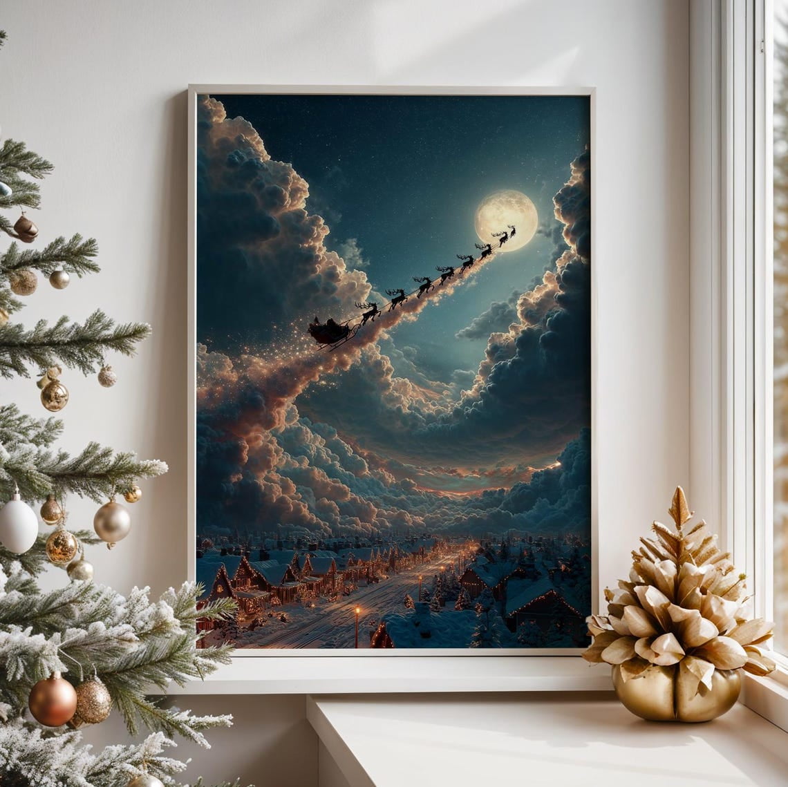 Magic Night Poster – Santa Sleigh Poster, Festive Town, Wall Art ...