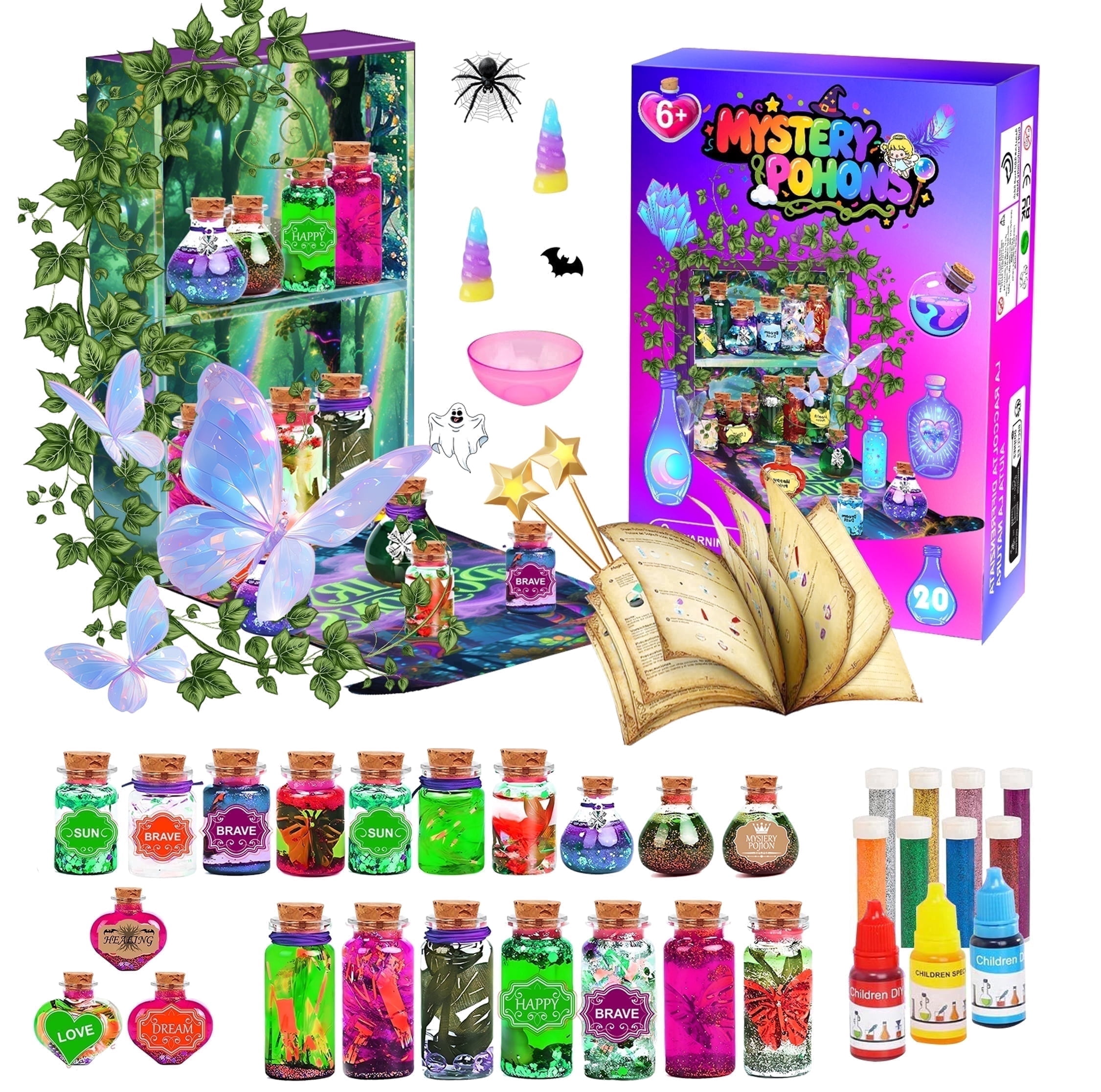 Magic Potion Kit for Kids - 20-Piece Witch Bottles, Glow-in-the-Dark ...