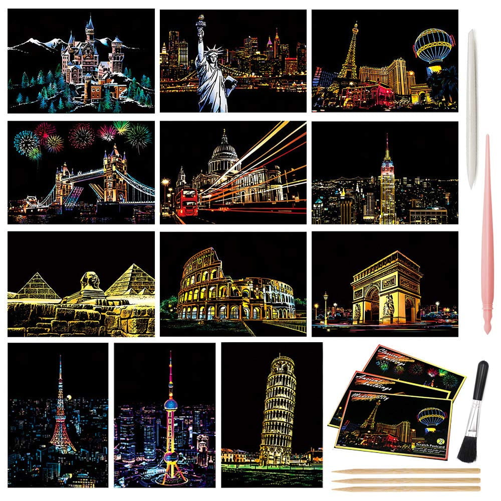 Magic Scratch Art Paper(7.9"x5.5") Rainbow Landscape Engraving Art ...