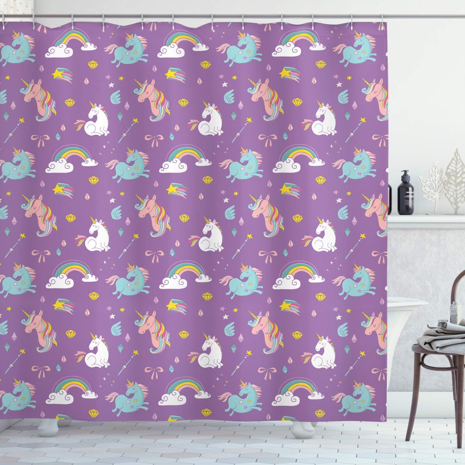 Magic Shower Curtain, Unicorn and Rainbow Diamond Wand Pattern Girl ...
