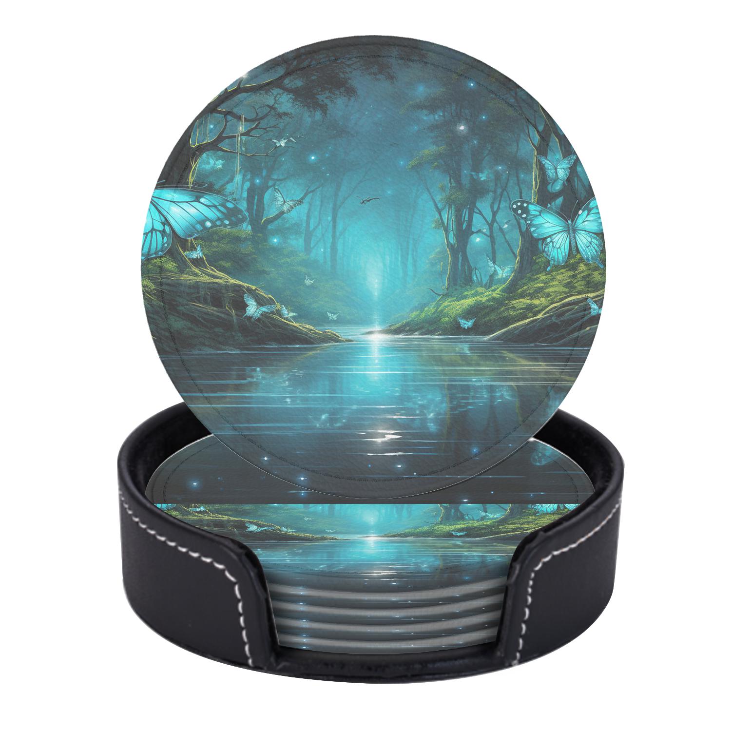 Magic Sparkling Blue Butterfly on Water Elegant Waterproof Coasters Set ...