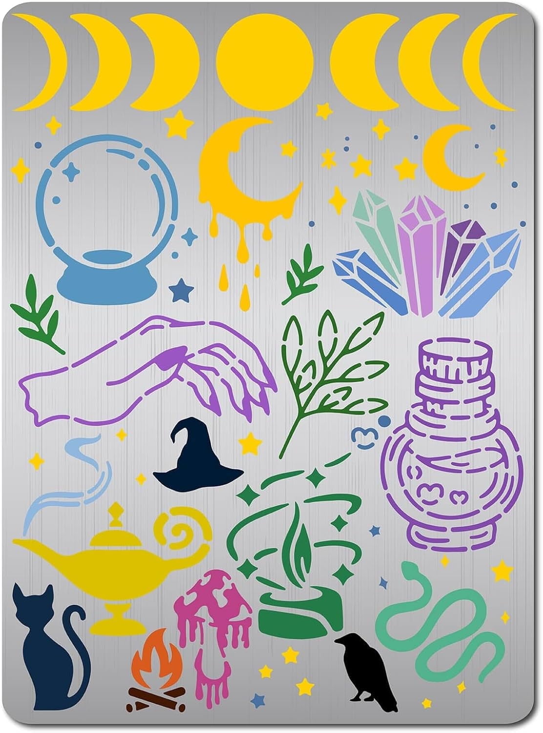 Magic Theme Stencils Reusable Witch Moon Phase Sun Star Snake Cat Bird ...