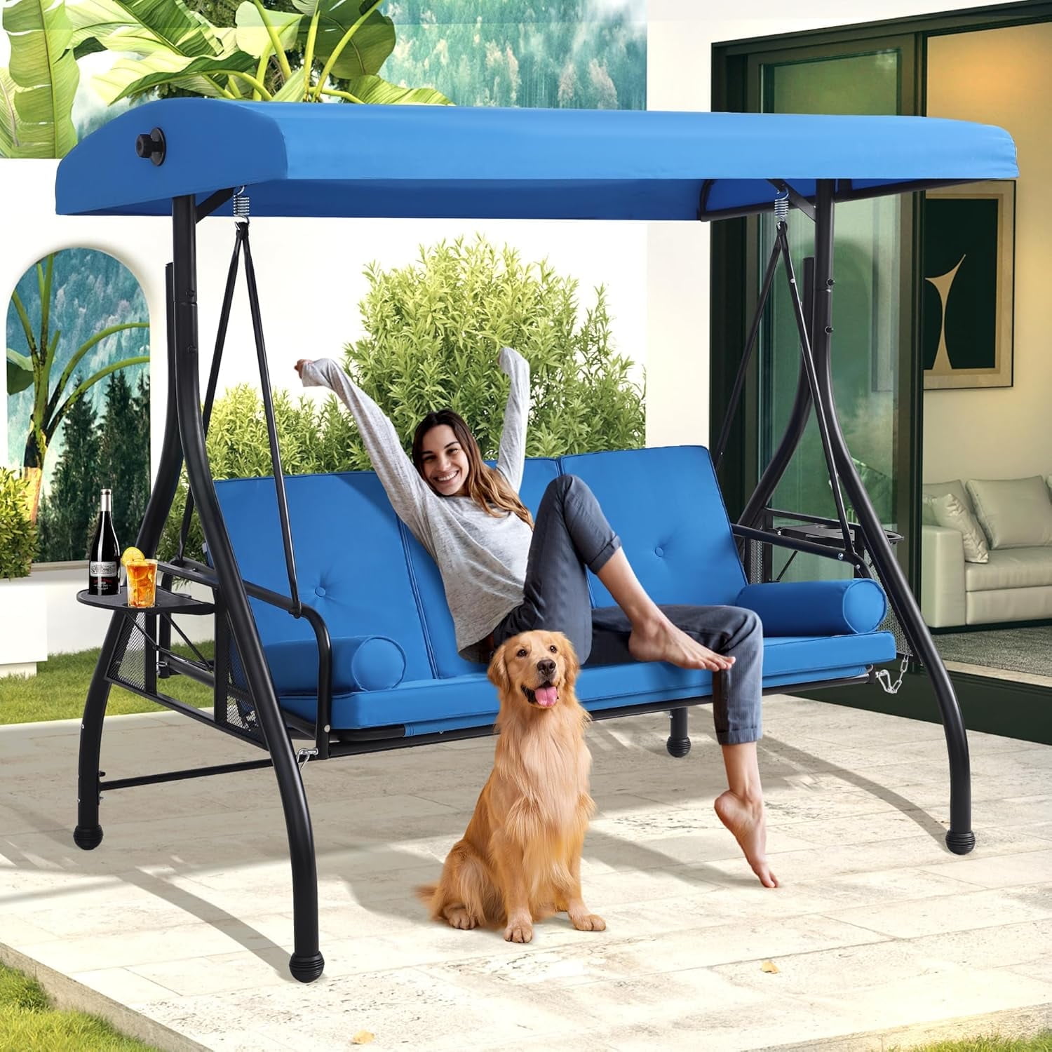 Magic Union 3-Seat Outdoor Patio Swing with Adjustable Cover, Porch ...