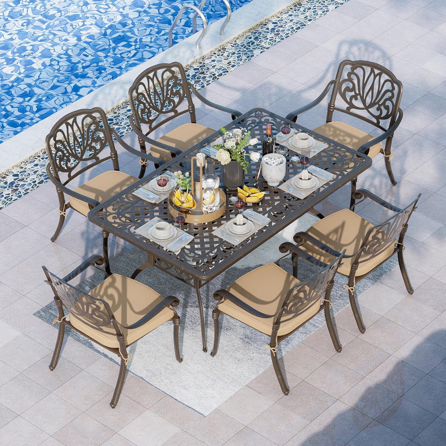 Magic Union 7 Piece Outdoor Dining Set Bronze Cast Aluminum with 59 Rectangular Table 6 Chairs Walmart