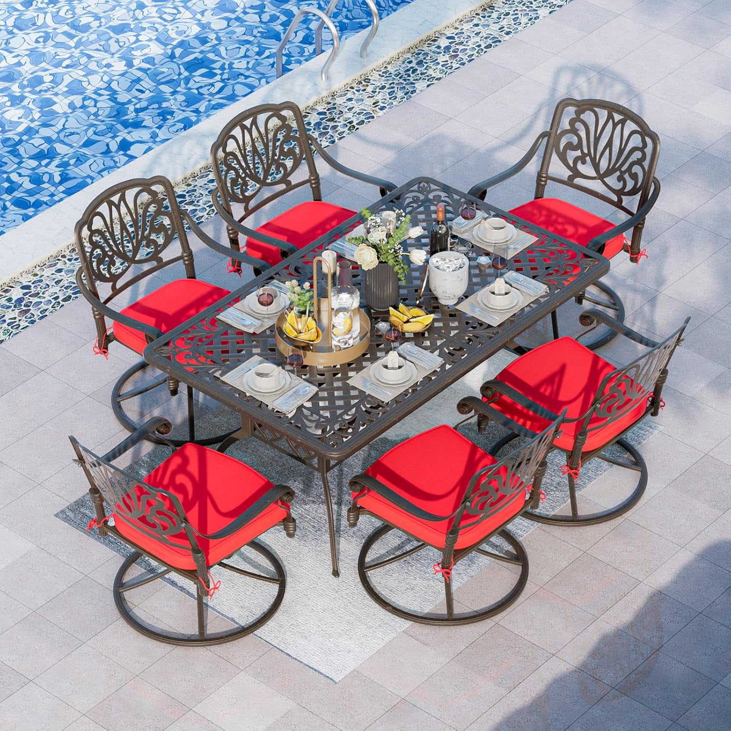 Magic Union 7 piece Cast Aluminum Outdoor Patio Dining Set, Bronze/Red ...