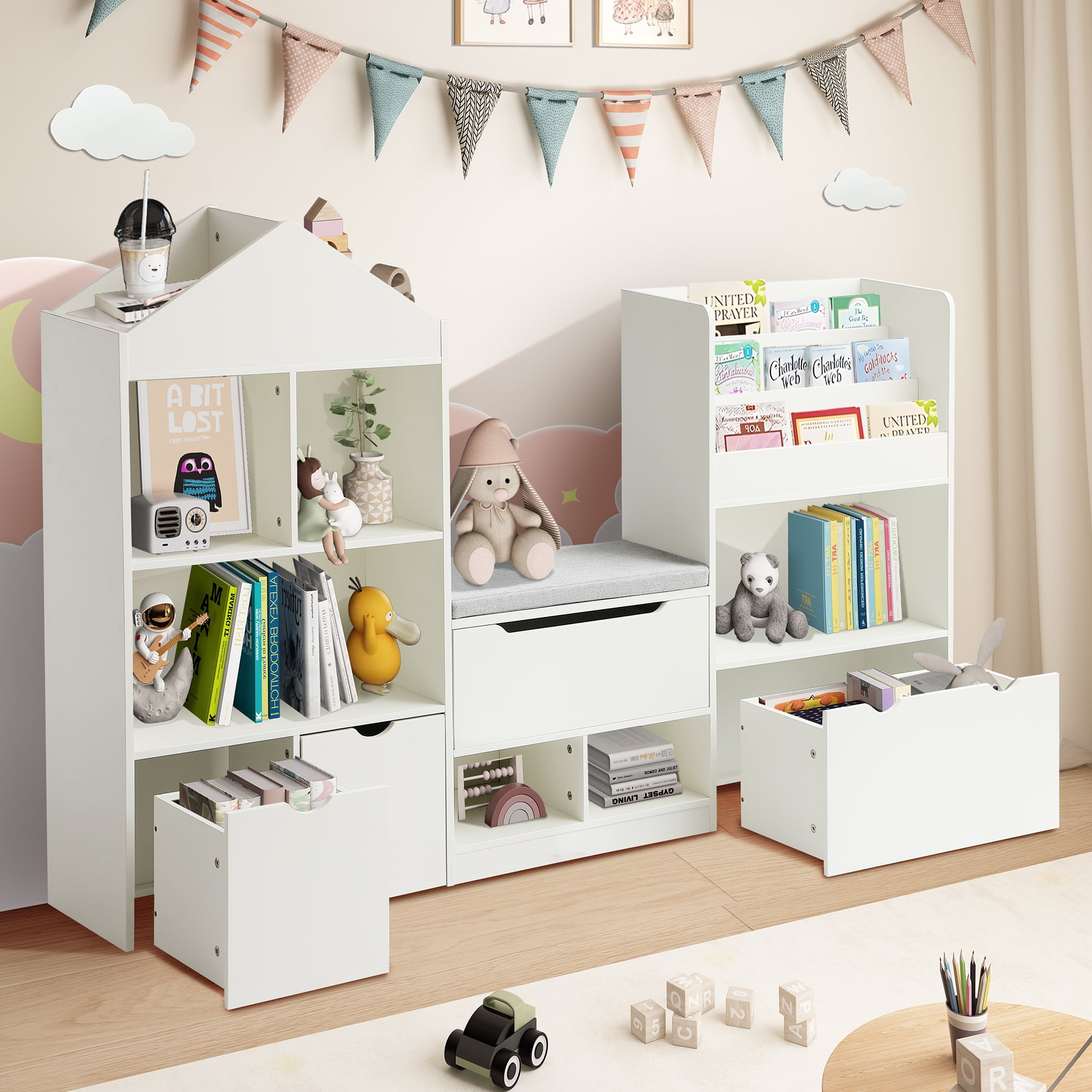 Magic Union 72" Kids Bookshelf with Reading Nook, Kids Bookcase and Toy ...