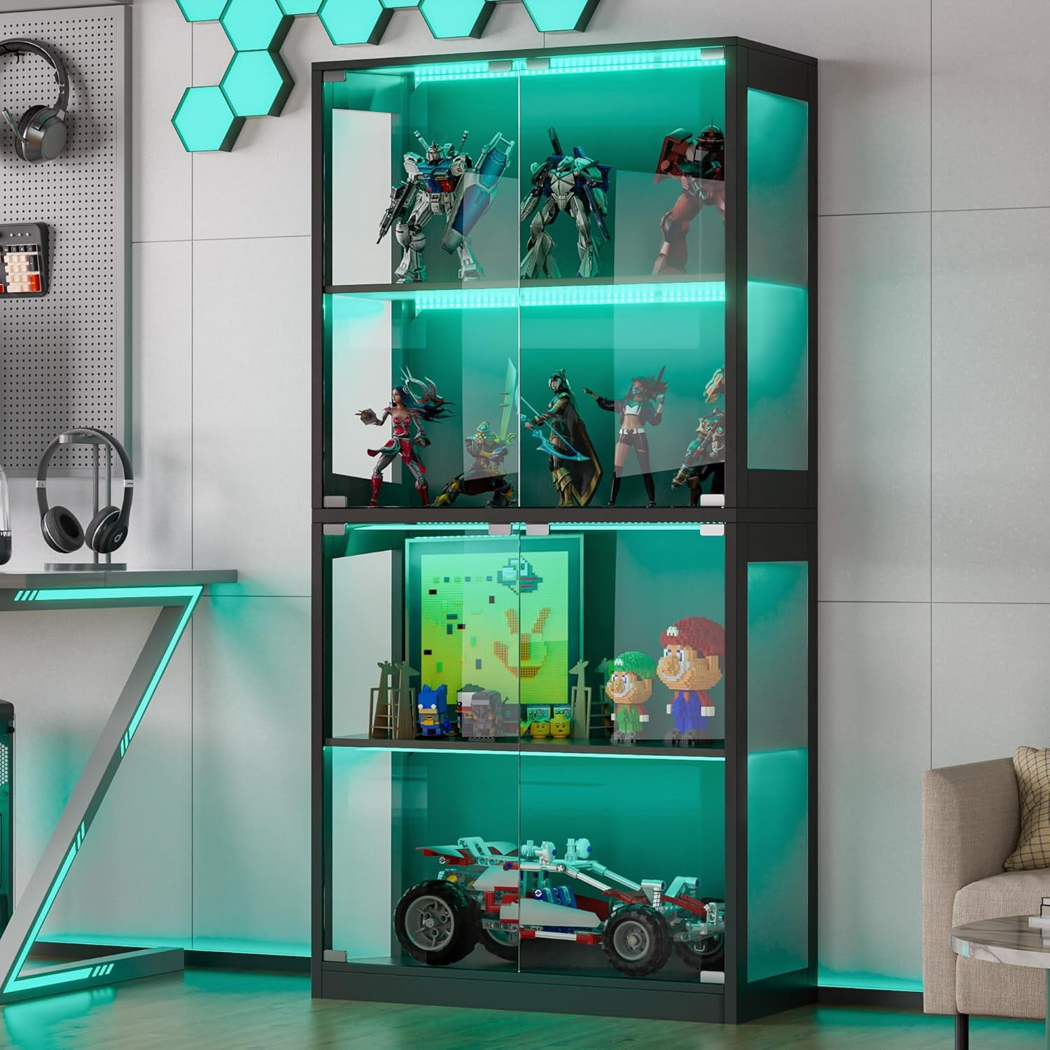 Magic Union Display Cabinet with Glass Doors, 4-Tier Curio Display Case ...