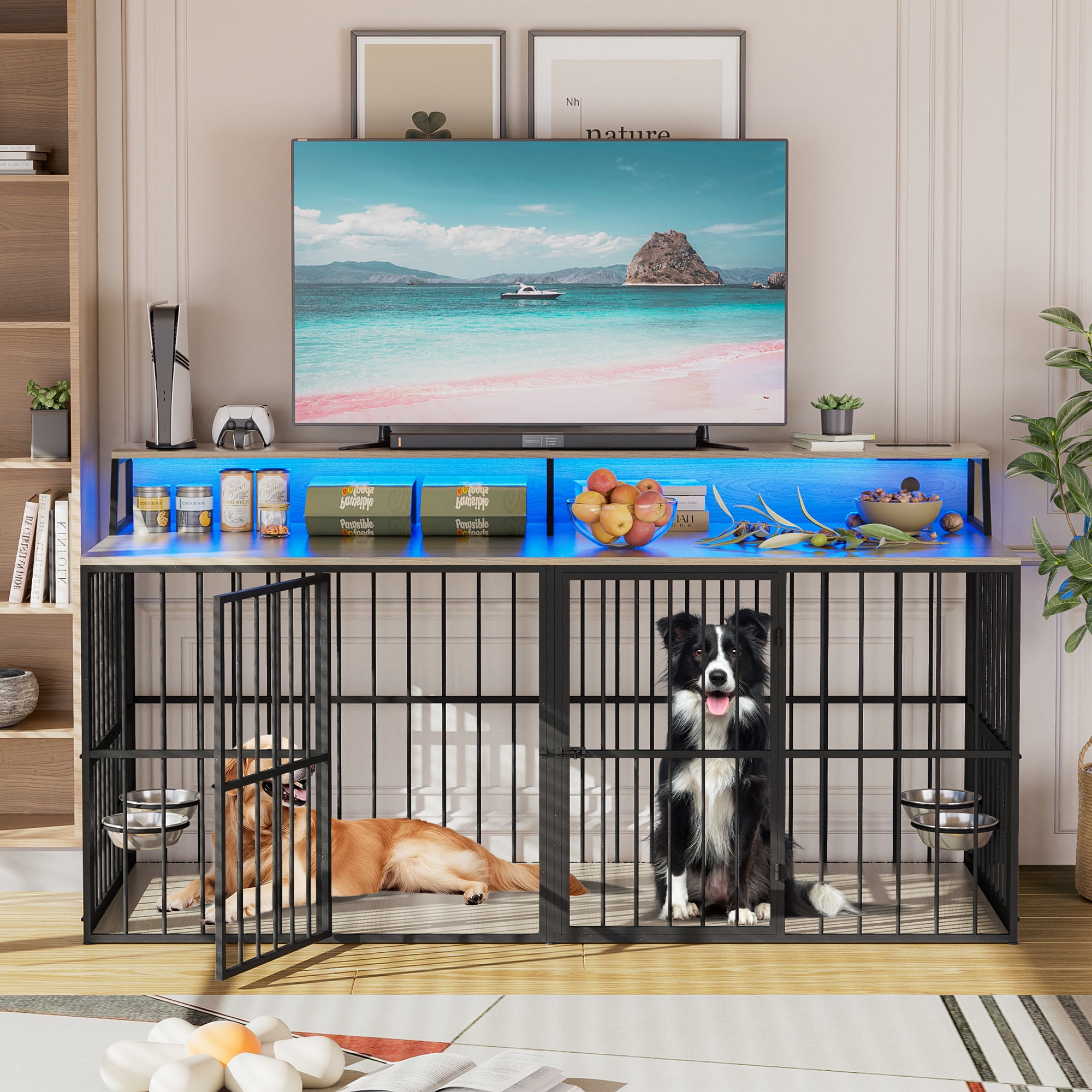 Magic Union Dog Crate Kennel Furniture for 2 Dogs w/LED Light & Power ...