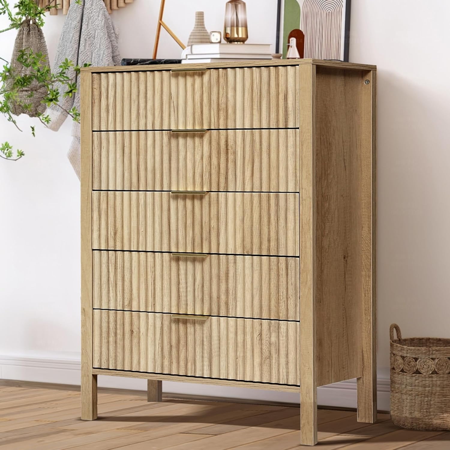 Magic Union Fluted 5 Drawers Dresser for Bedroom, Tall Chest of Drawers ...