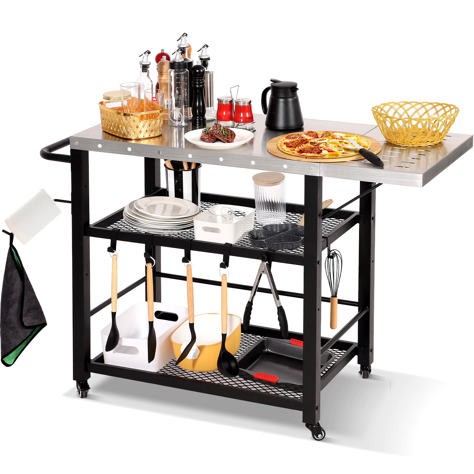 Magic Union Patio Party Kitchen Serving Carts, Stainless Steel, Black ...