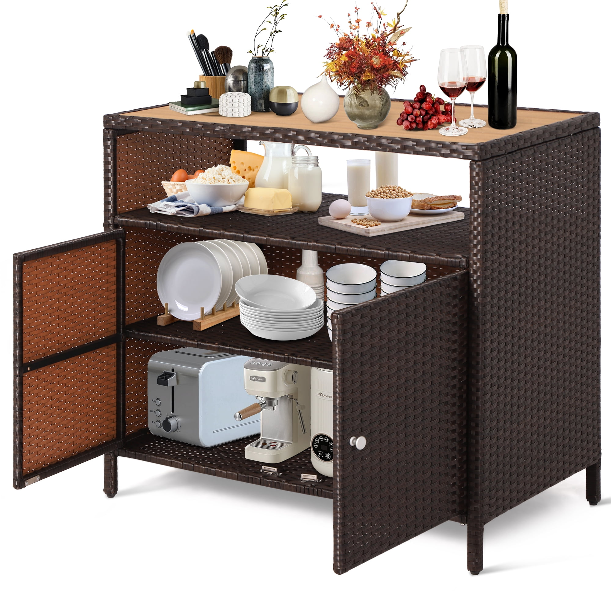 Magic Union Outdoor Rattan Storage Cabinet, Patio Bar Table with 2-Door ...