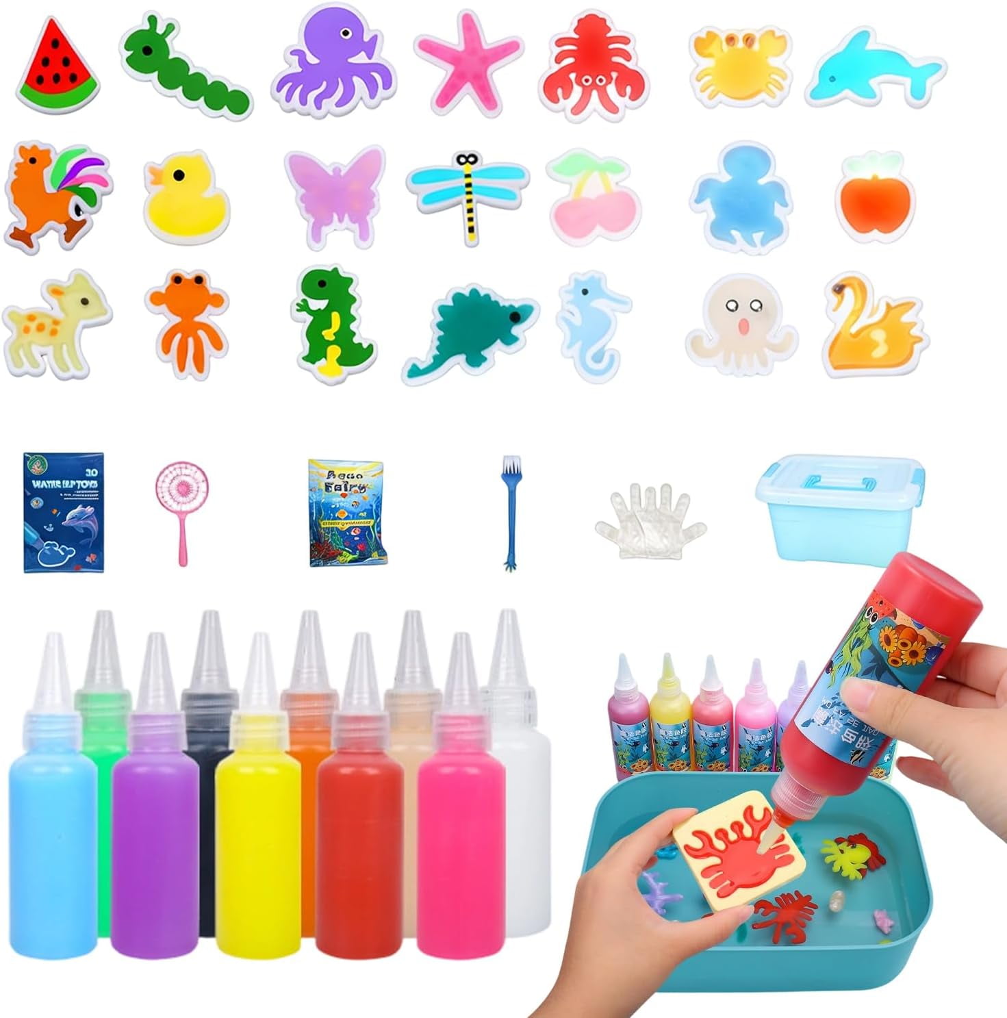 Magic Water Elfs Toy Kit - 10 Color Gels 12 Molds - DIY Squishy Maker Sensory Craft Kit Creative ...