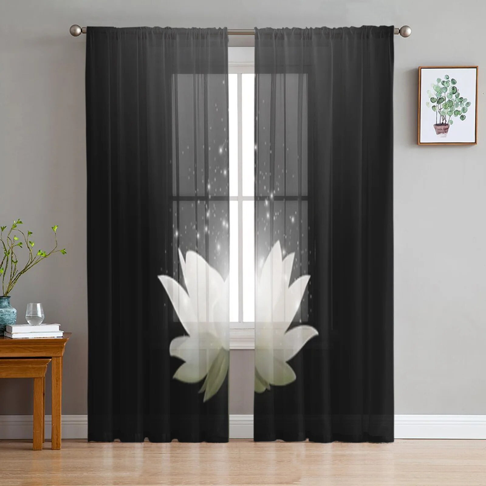 Magic White Lotus Flower on Black Sheer Tulle Curtain for Living Room ...