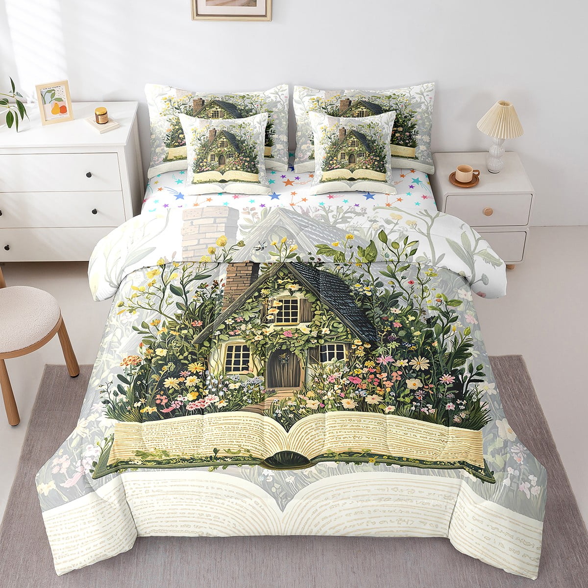 Magical Book Comforter Set Queen,Fantasy House Book Vintage Fairy Tale ...