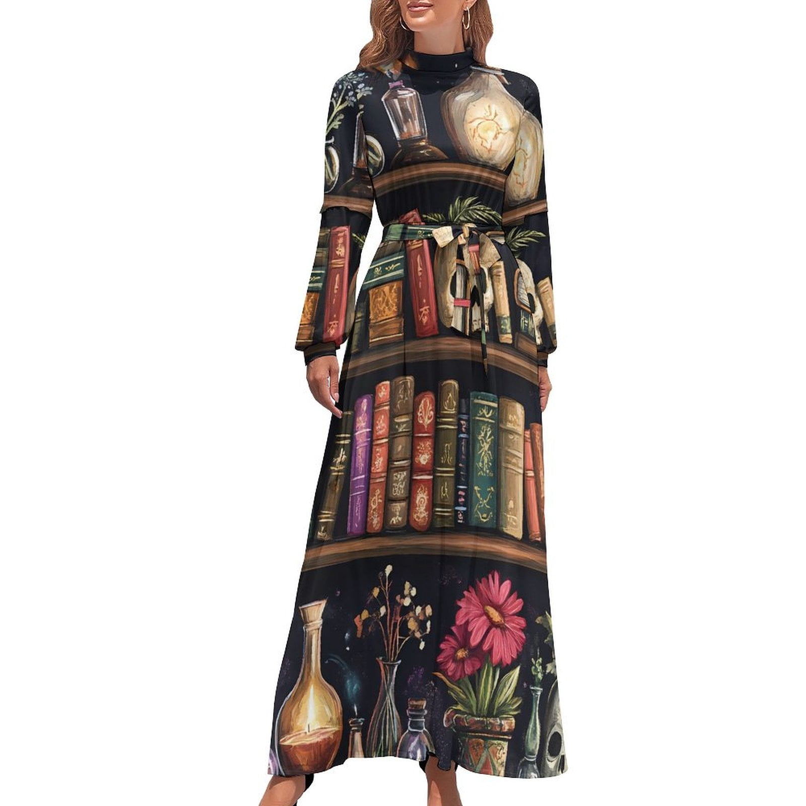 Magical Book Goth Skull Bookshelf Women's Fall Maxi Dress Long Sleeve ...