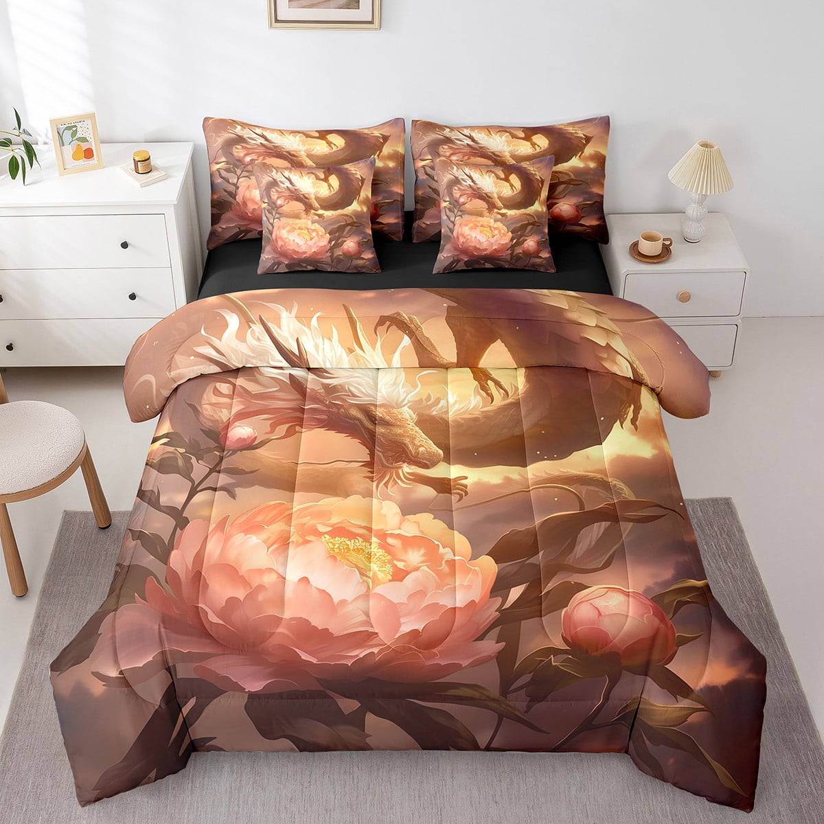 Magical Dragon Bedding Set King,Groovy Flower Floral Comforter Set for ...