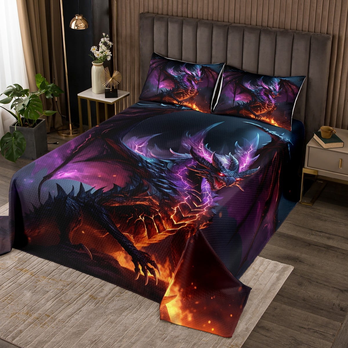 Magical Dragon Coverlet Twin Size Wild Animal Bedding Set, Purple Lightning Bedspread Set Flame ...