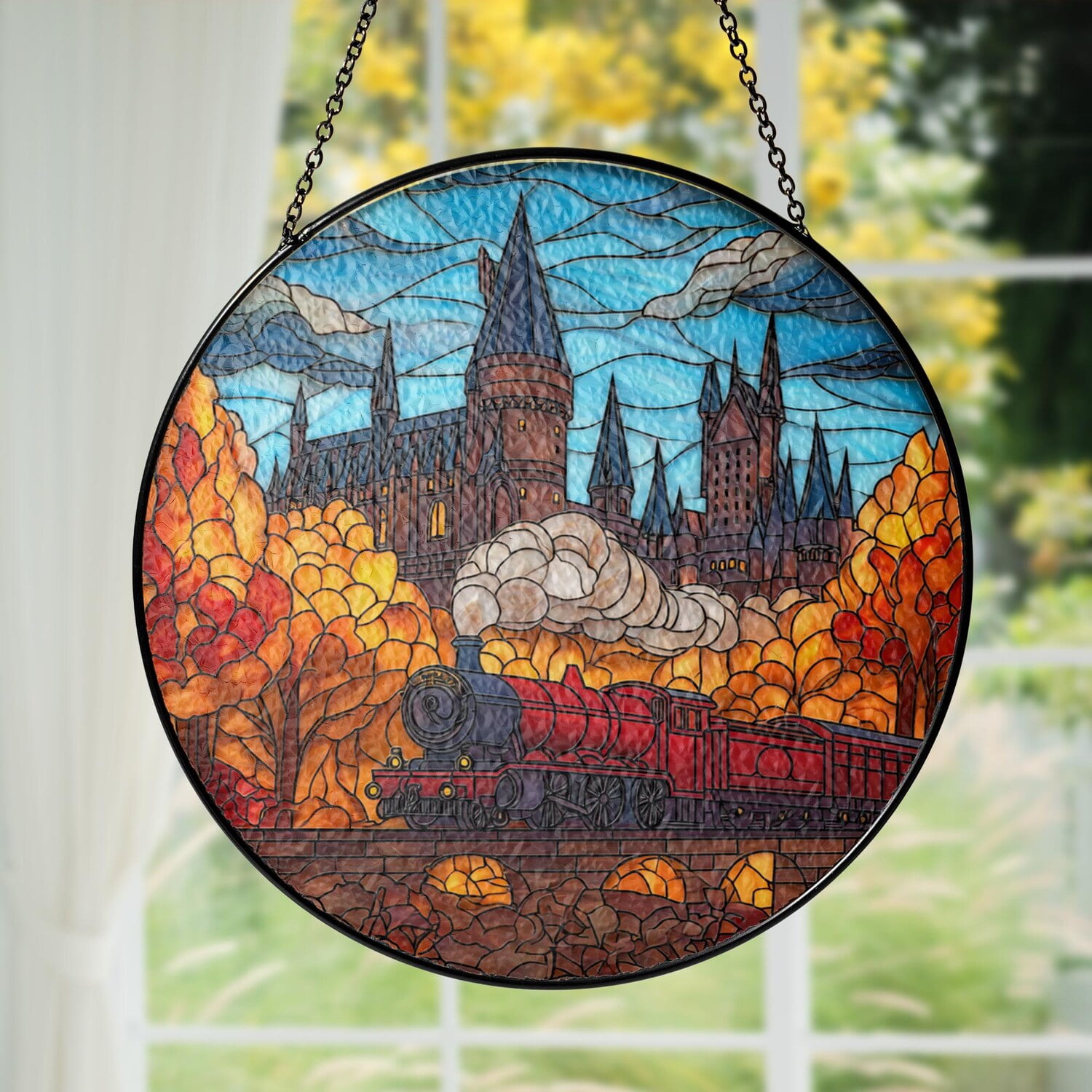 Magical Express Train Stained Glass Window Hanging, Fantasy Castle ...