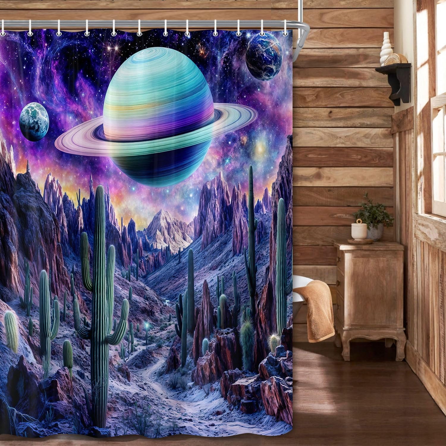 Magical Fantasy Outer Space Shower Curtain with Desert Cactus Landscape ...