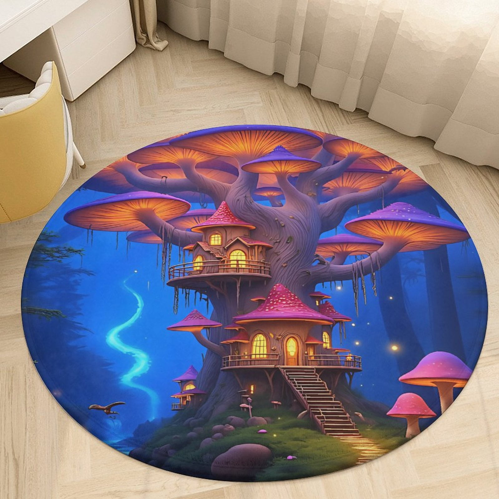 Magical Forest Butterflies And Mushrooms Round Area Rugs for Bedroom ...